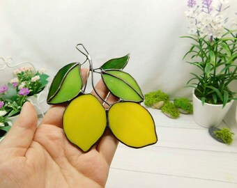 Stained Glass Lemon, Yellow Lemons on Branch, Panel Window Hanging ...