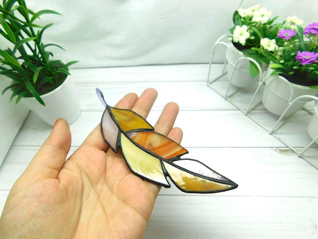 Glass Window Decor, Stained Glass Feathers, Garden or Home Decor, Beige ...