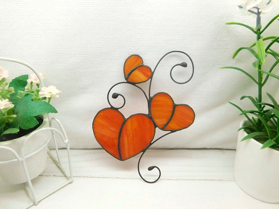 Stained Glass Hearts, Window Panel, Valentine Gift for Her, Red Heart ...