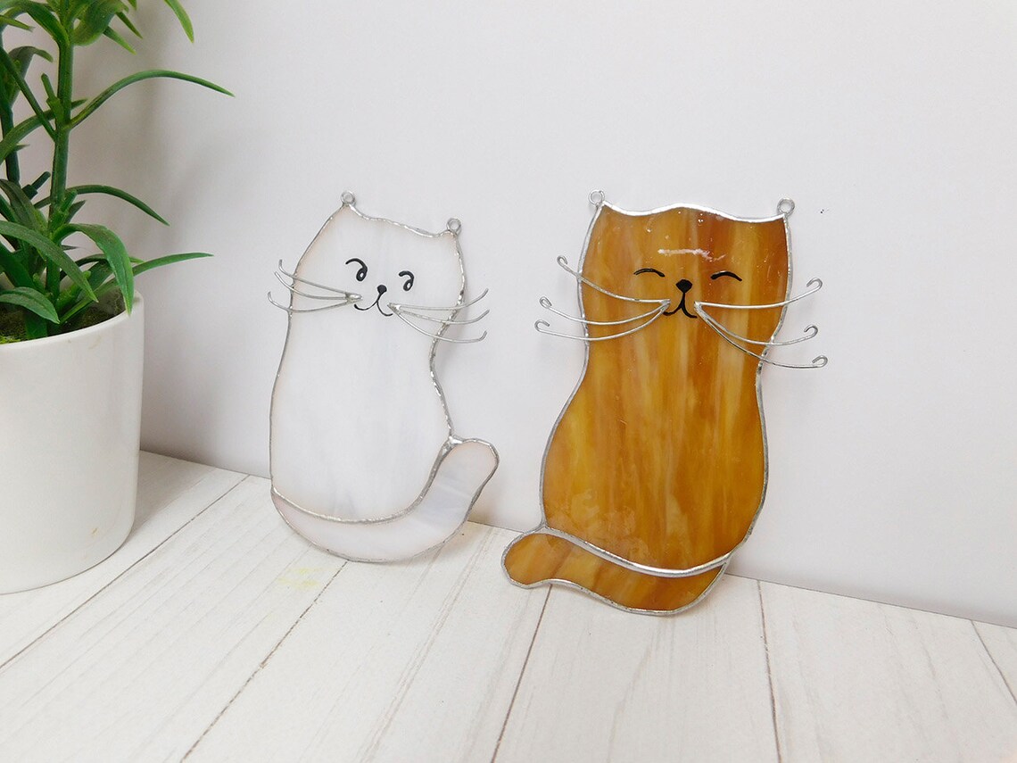 Stained glass cat two cats pair window hanging cat | Etsy