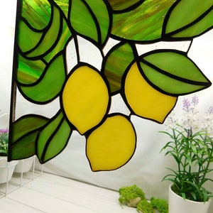 Stained Glass Lemon, Yellow Lemons on Branch, Panel Window Hanging ...