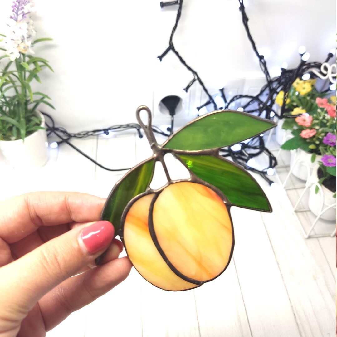 Stained Glass Peach, Kitchen Decor Suncatcher, Fruit Panel Window ...