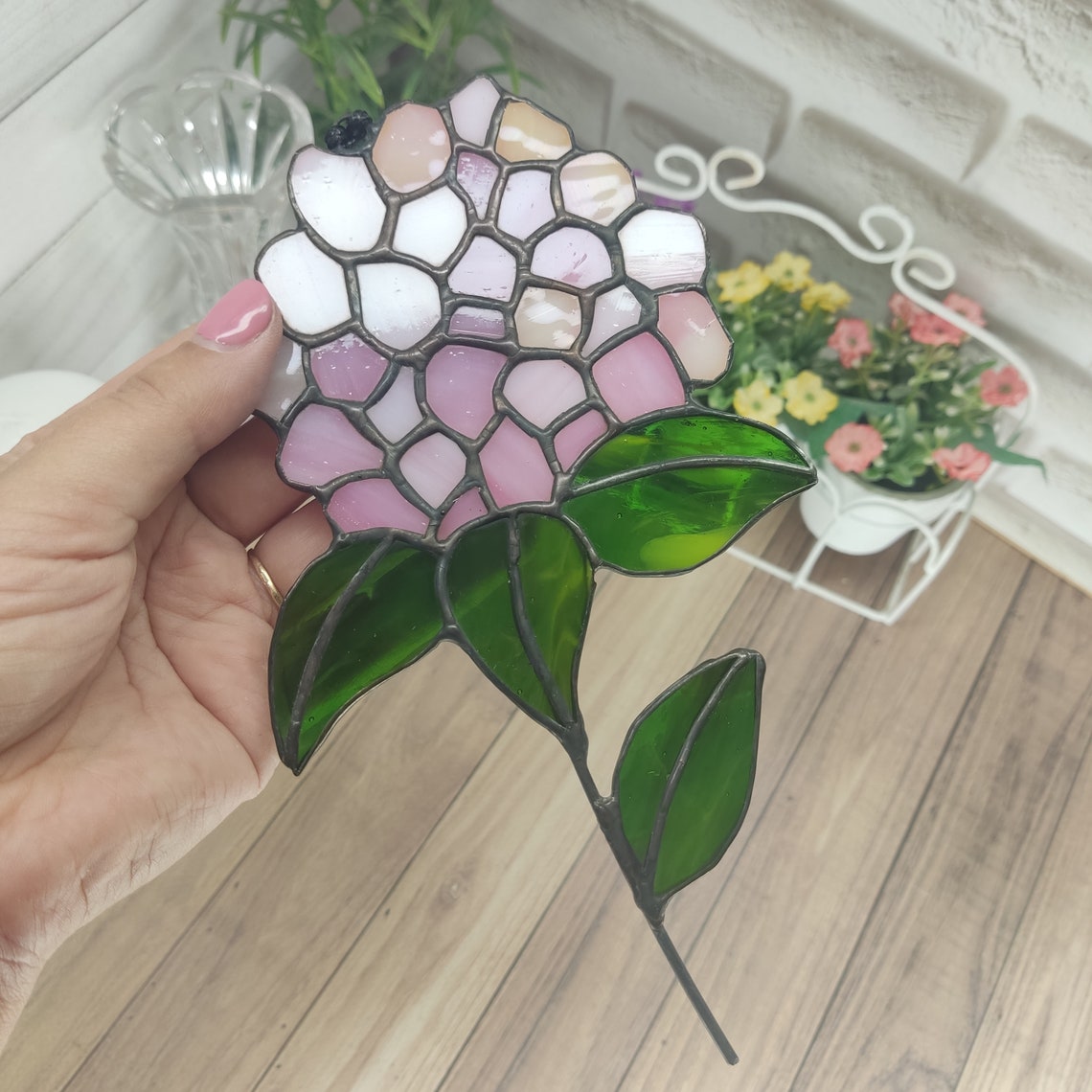 Stained Glass Hydrangea Pink Hydrangea Floral Stained Glass - Etsy