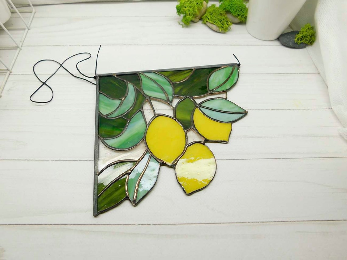 Stained glass lemon Yellow Lemons on Branch panel window | Etsy