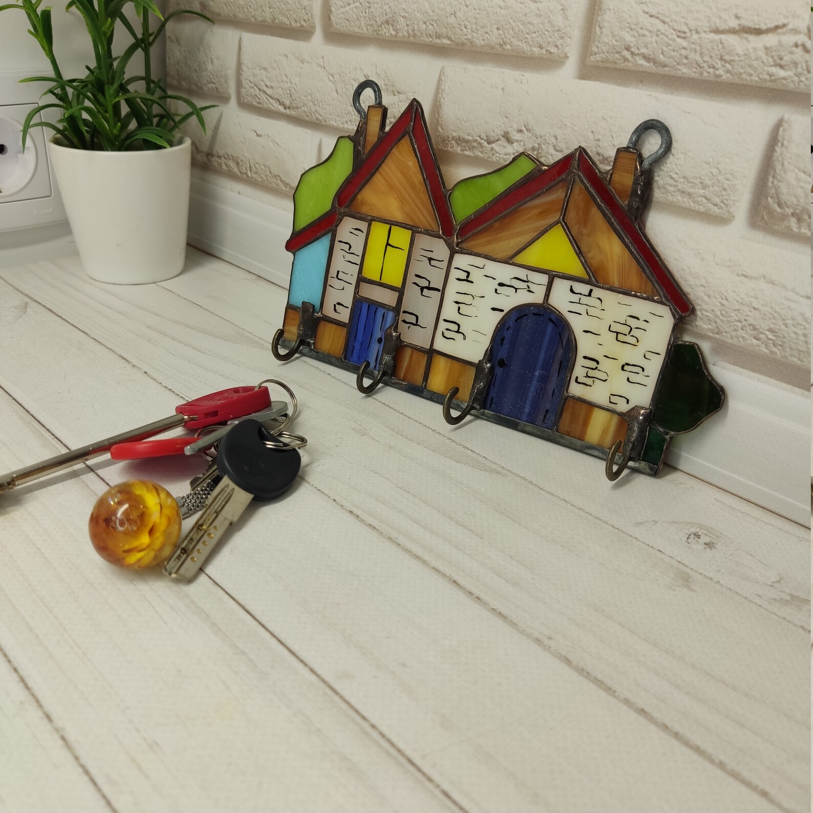 Stained glass key hanger Tiffany style key holder for wall | Etsy