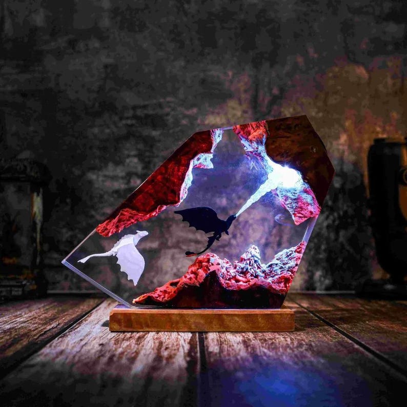 Fire Breathing Toothless and Light Fury Lamp, HTTYD Dragon Resin Art ...