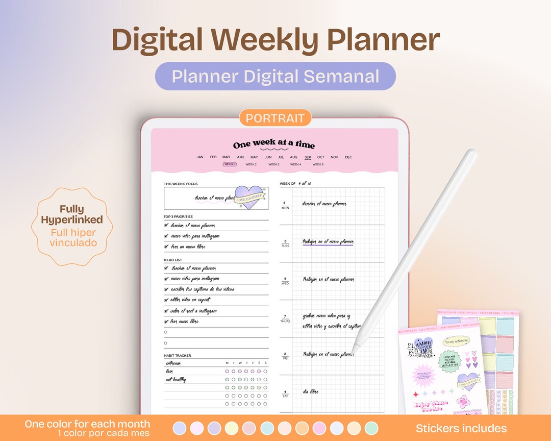 Portrait Digital Weekly Planner Weekly Digital Planner in Spanish ...