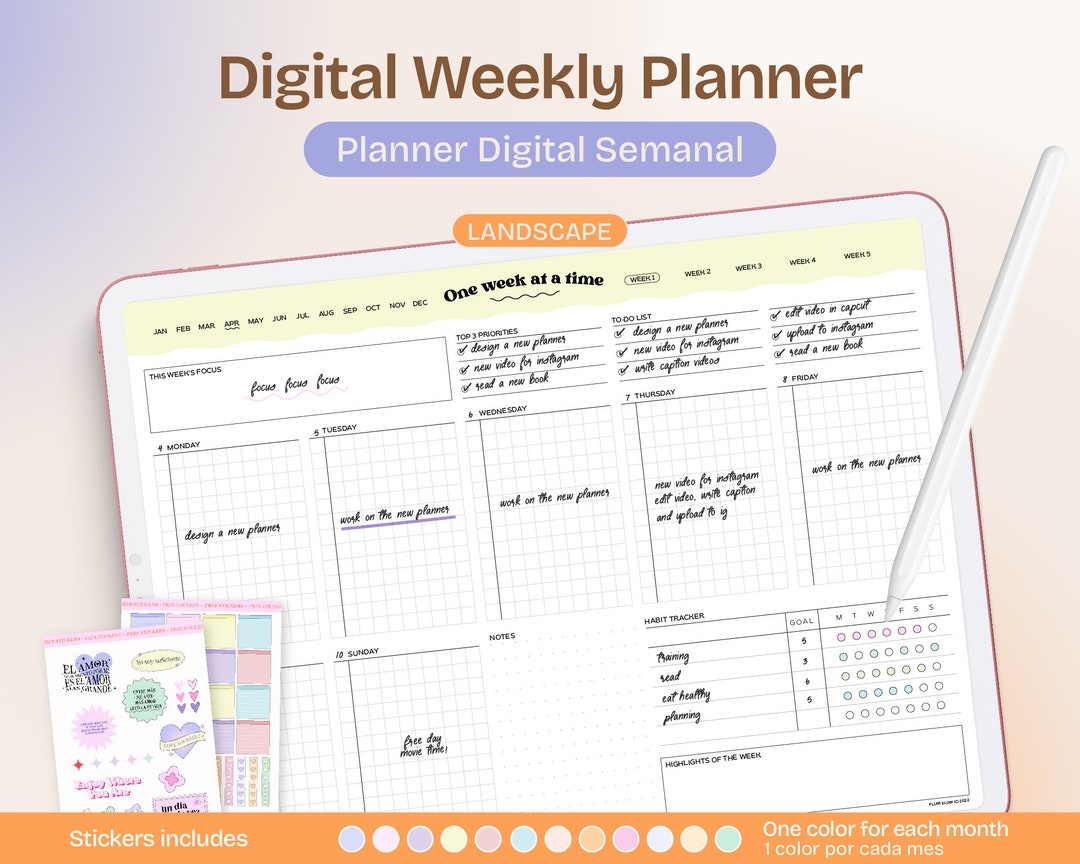 Undated Landscape Digital Weekly Planner | Weekly Digital Planner in ...