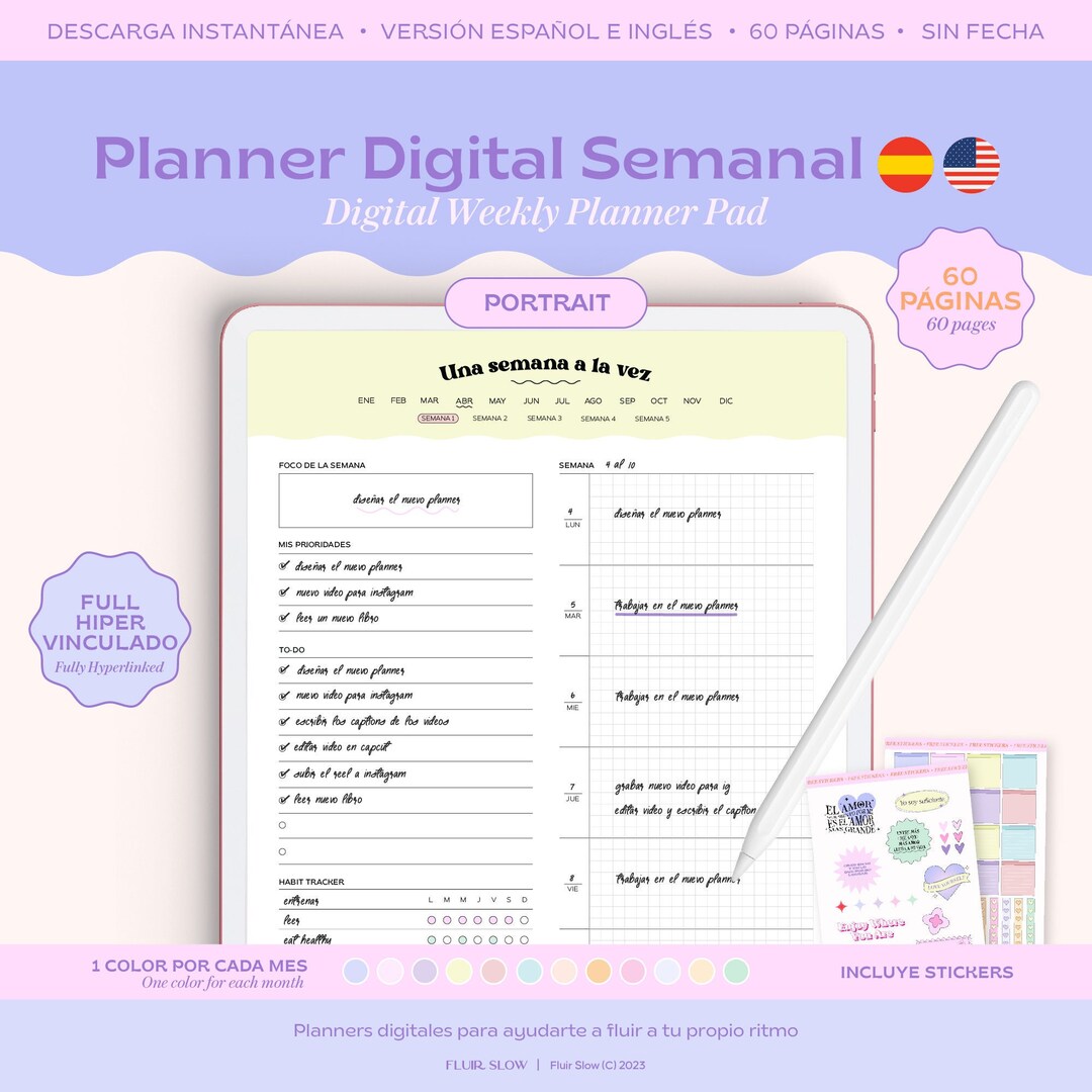Weekly Digital Planner in Spanish Portrait Digital Weekly Planner Pad ...