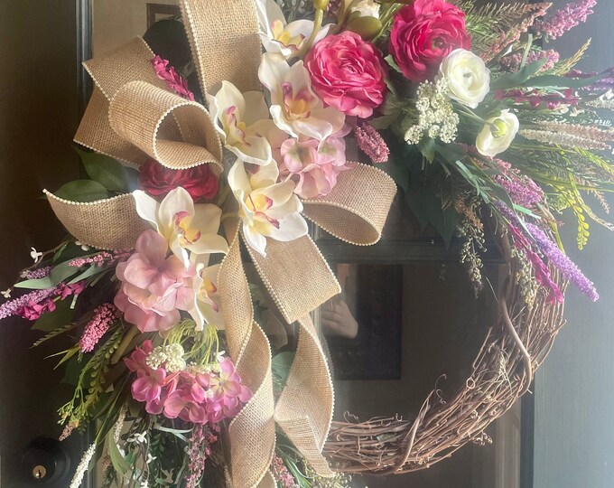 Large Spring Wreath, White Orchid Wreath for Front Door, Summer Wreath ...