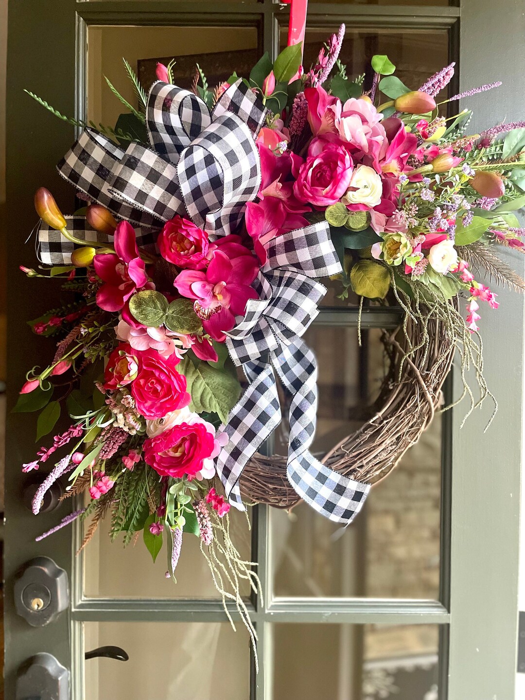 Large Spring Wreath, Orchid Wreath for Front Door, Deep Raspberry Pink ...