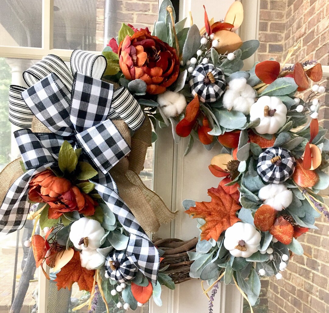 Buffalo Plaid Fall Wreath White Pumpkins Wreath Fall Lambs Ear Wreath