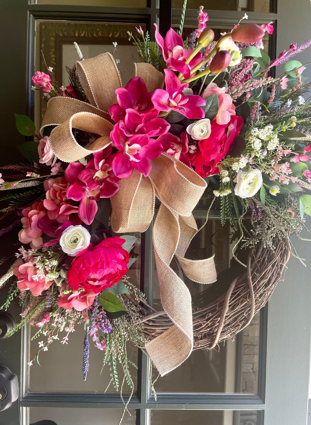 Large Spring Wreath, Orchid Wreath for Front Door, Dark Pink Summer ...