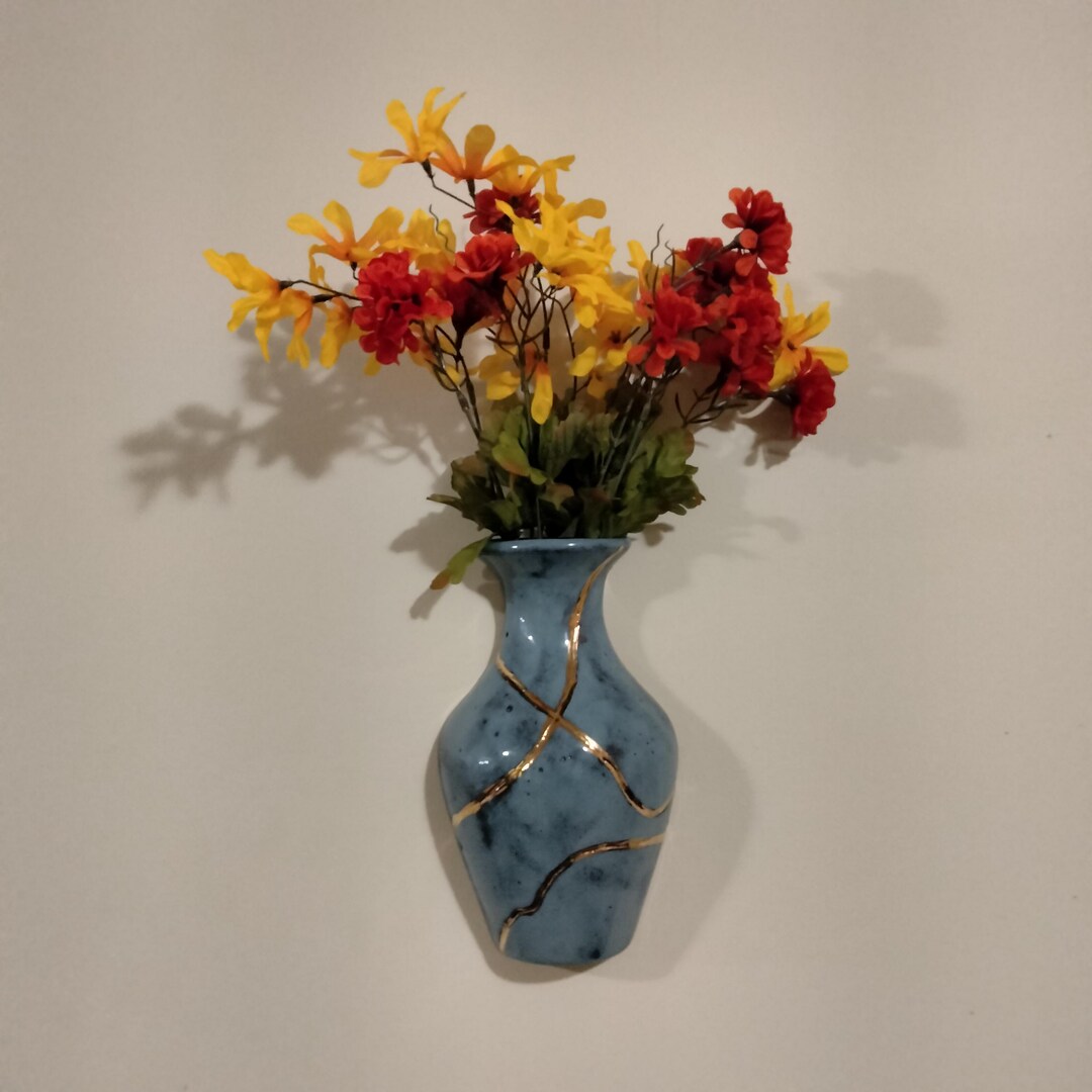 Kintsugi Style Wall Vase Half Vase Pottery Nice Blue Color, Flowers Not ...