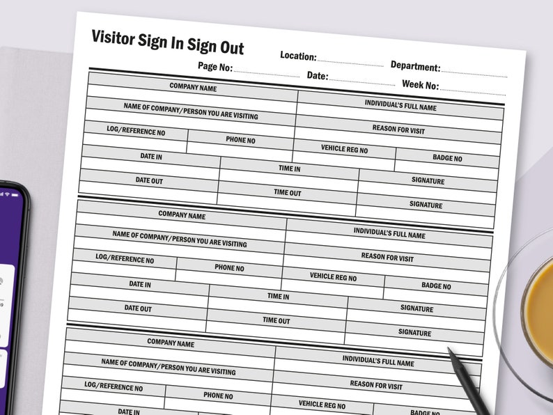 Visitor Sign in & Sign Out Log Sheet, US Letter 8.5" X 11", PDF/JPG ...