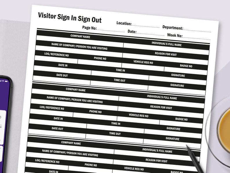 Visitor Sign in & Sign Out Log Sheet, US Letter 8.5" X 11", PDF/JPG ...