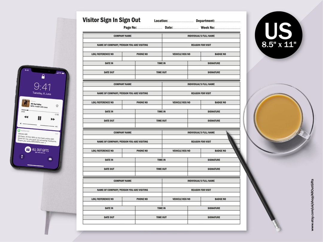 Visitor Sign In/out Log Sheet: US Letter Printable (PDF/JPG) - Etsy
