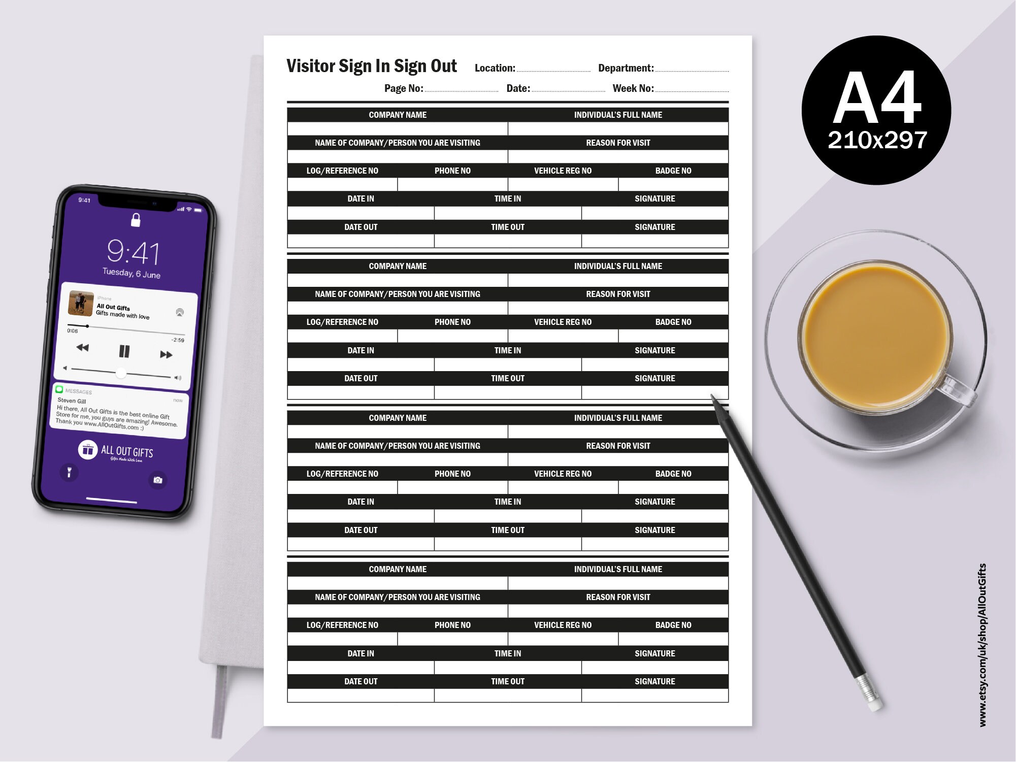 Visitor Sign in and Sign Out Log Sheet, A4 210mm X 298mm, PDF/JPG ...