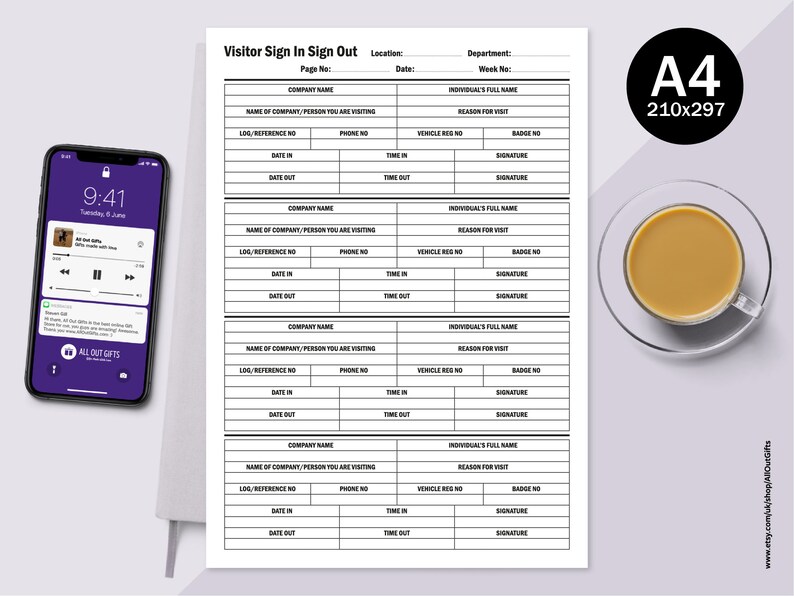 Visitor Sign in and Sign Out Log Sheet, A4 210mm X 298mm, PDF/JPG ...