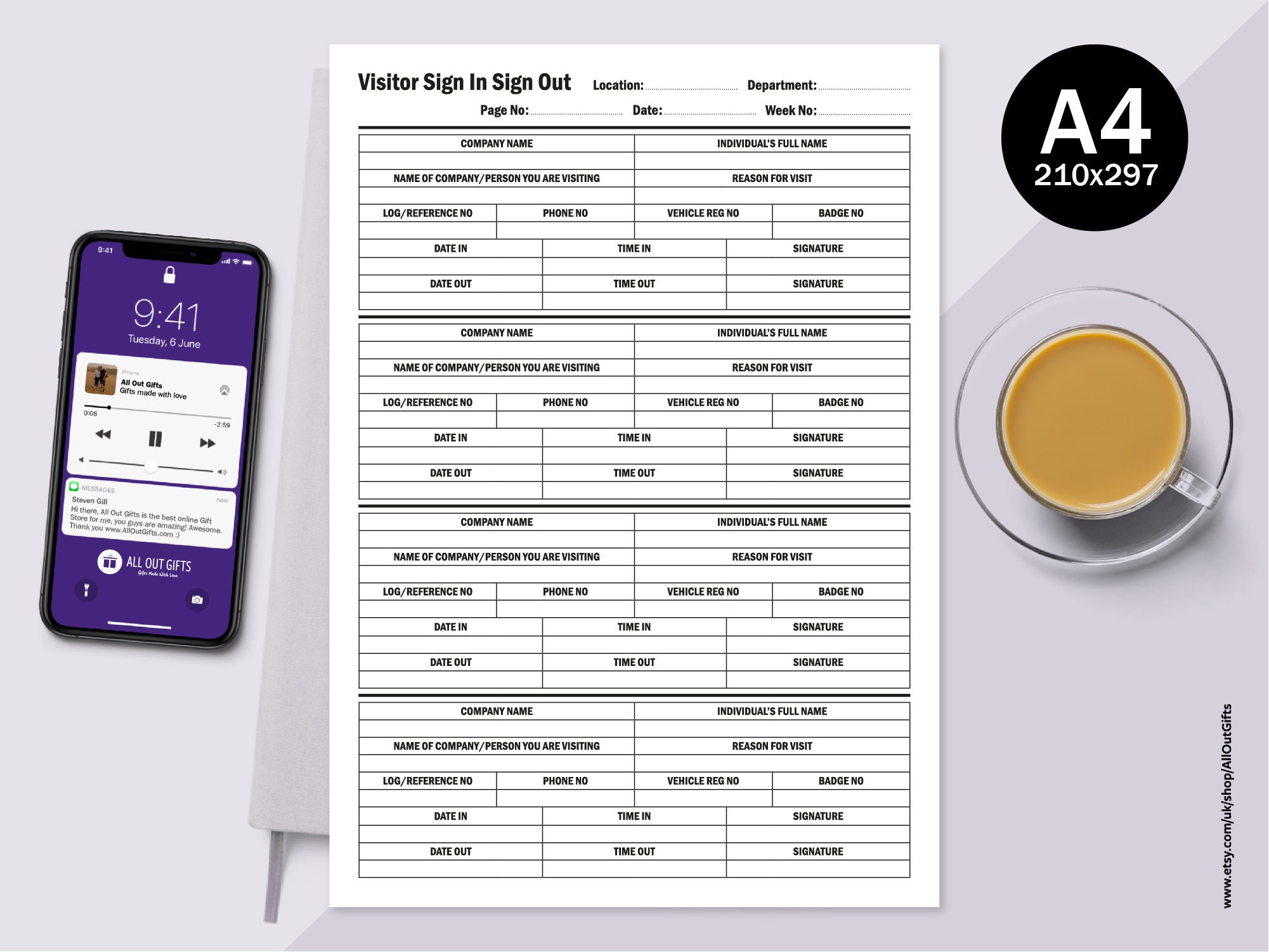 Visitor Sign in and Sign Out Log Sheet, A4 210mm X 298mm, PDF/JPG ...