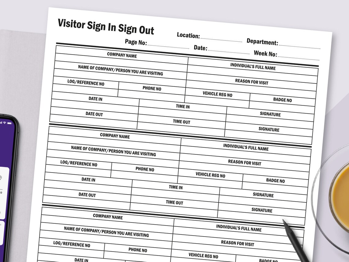 Visitor Sign in & Sign Out Log Sheet, US Letter 8.5" X 11", PDF/JPG ...