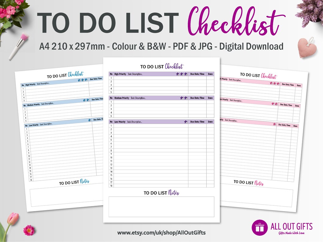 A4, to Do List Checklist, 210mm X 298mm, PDF and JPG Files, Digital ...