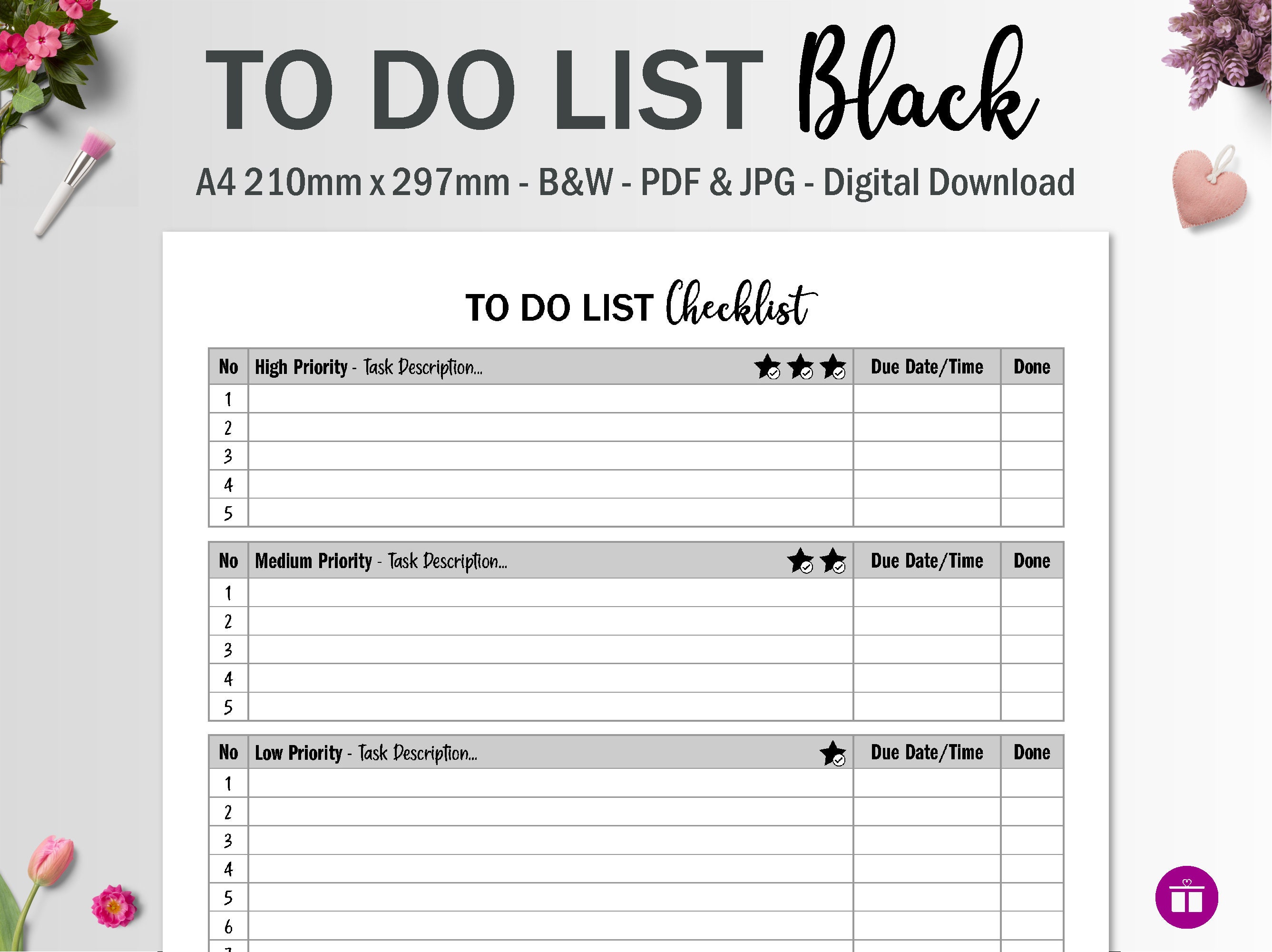 A4, to Do List Checklist, 210mm X 298mm, PDF and JPG Files, Digital ...