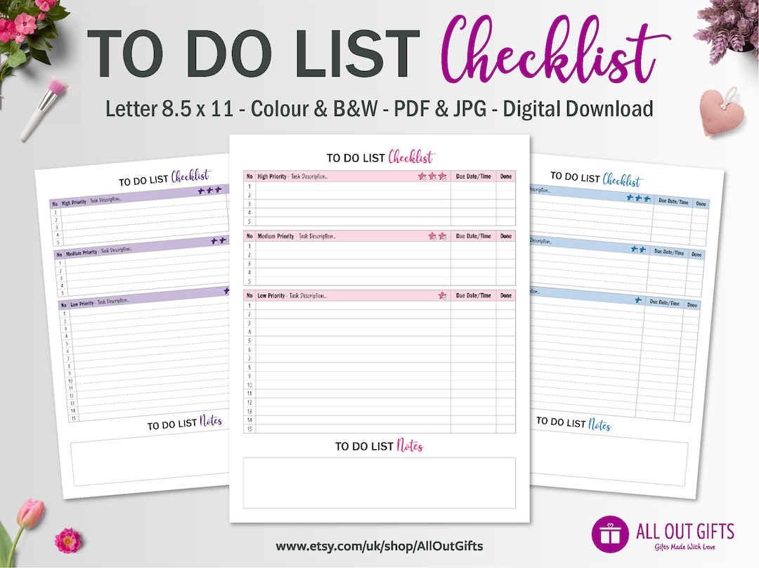 US Letter to Do List Checklist, 8.5 X 11, 4 PDF and 4 JPG Files ...