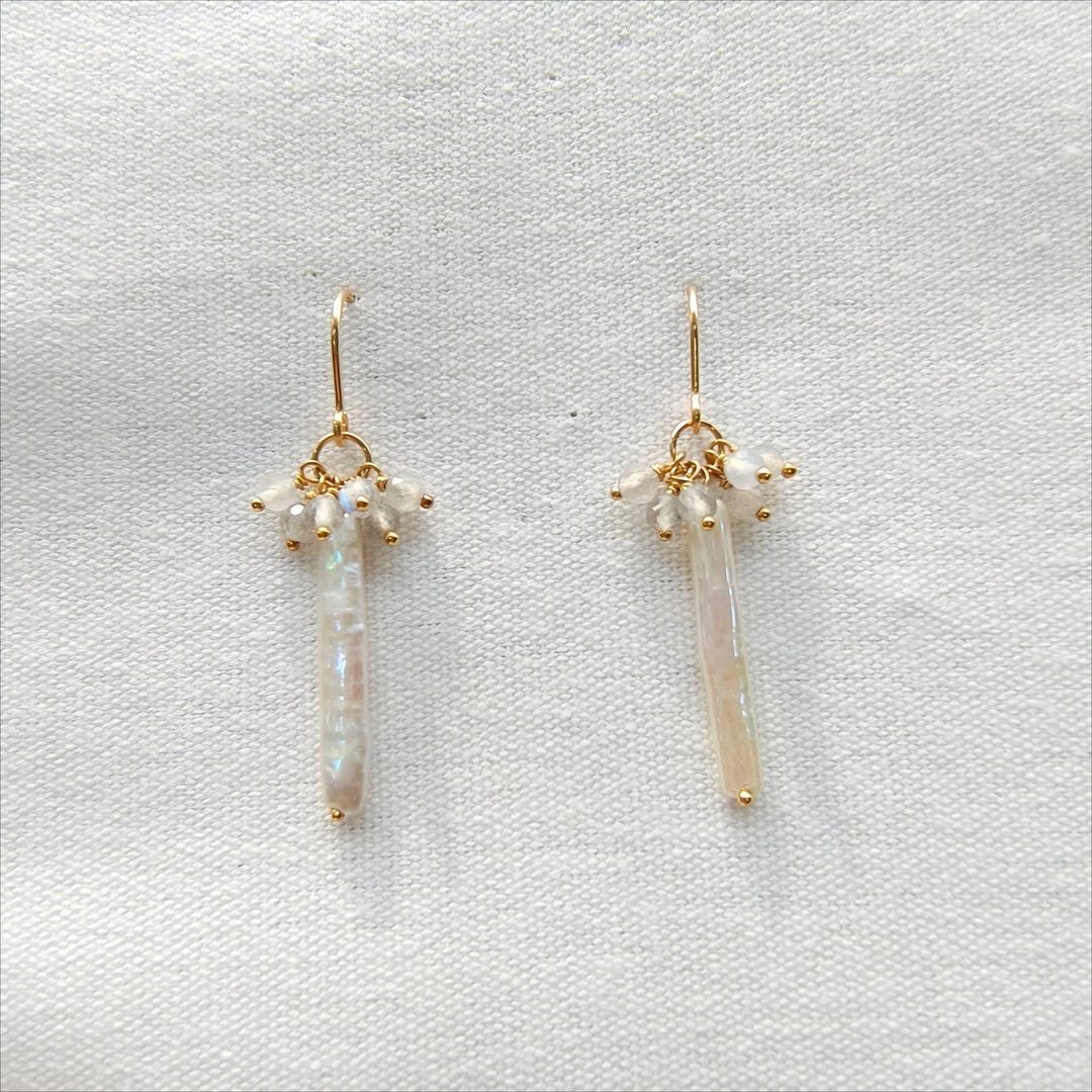 Stick Pearl and Moonstone Earrings, Dainty Drop Earrings,gemstones and ...