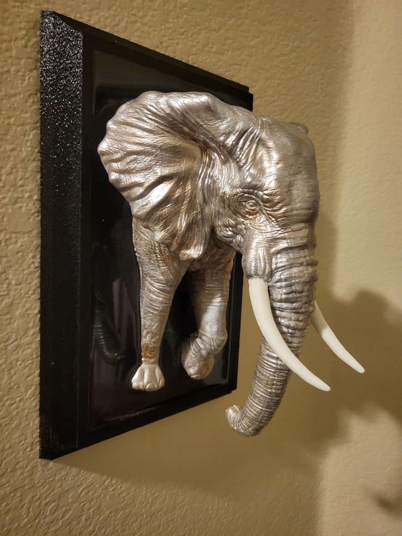 Elephant Wall Mount Head Sculpture Silver on Black Frame - Etsy