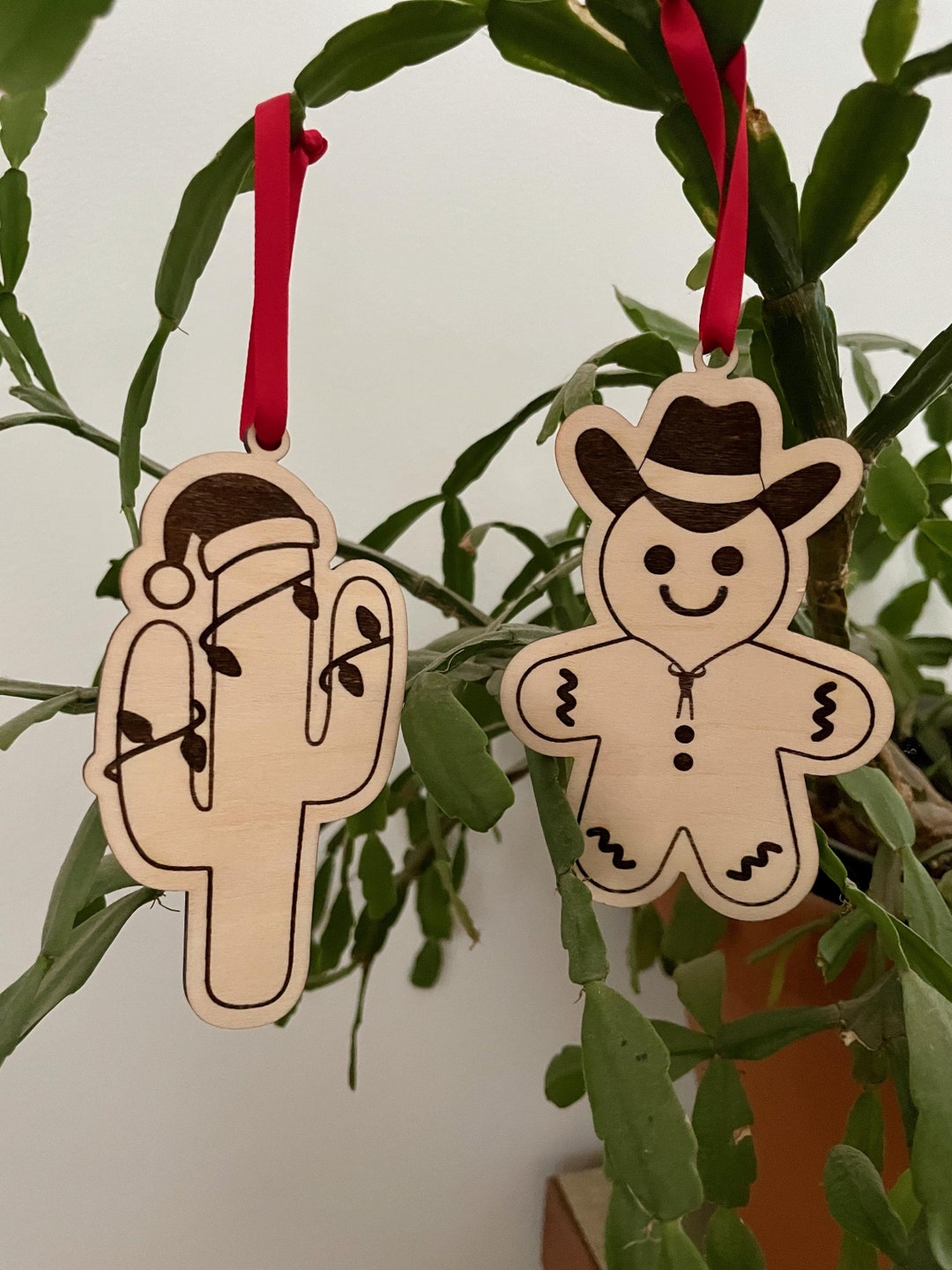 Cactus & Cowboy Gingerbread Man - Set of 2 Engraved Wood Christmas ...