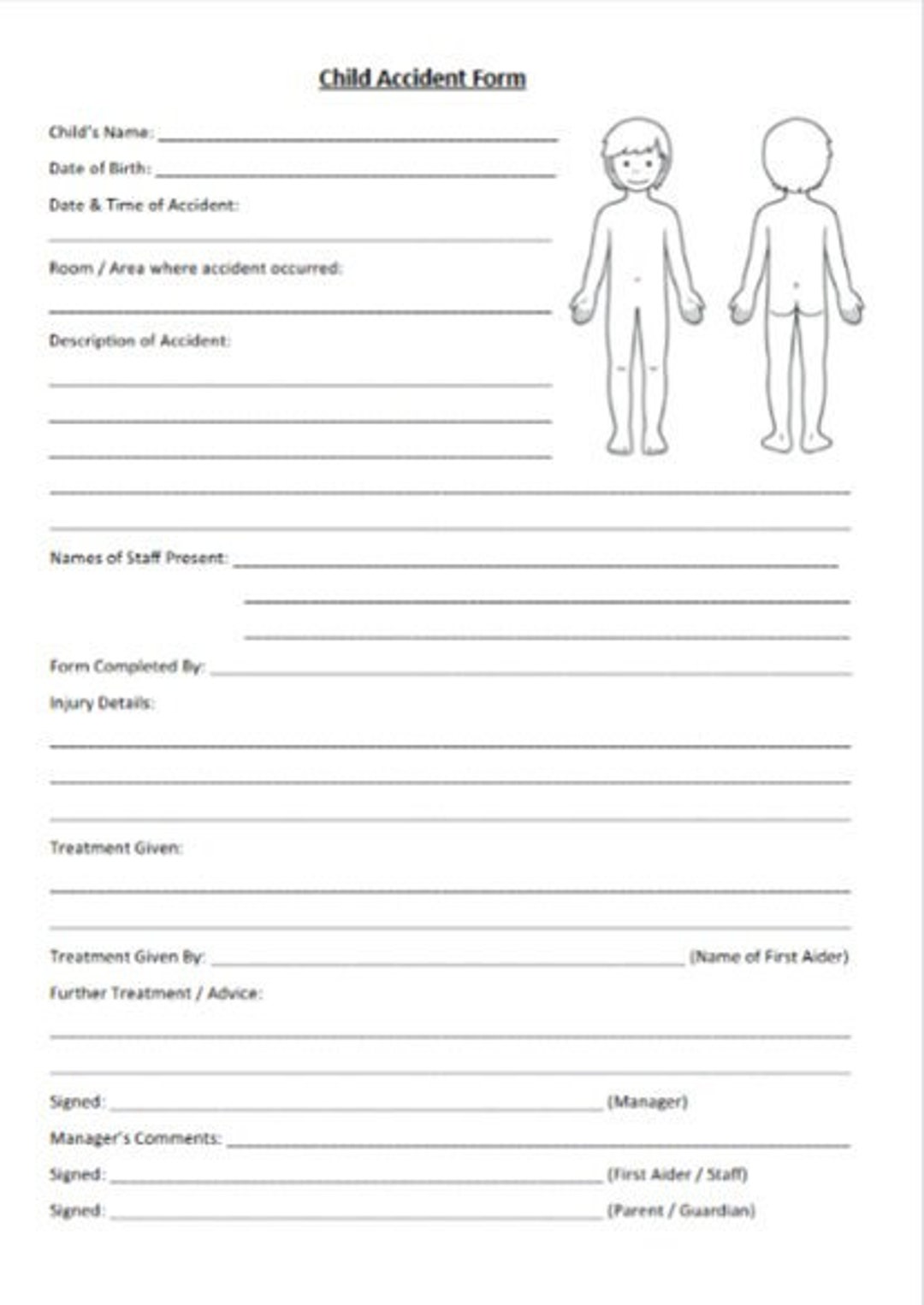 Child Accident Form for Early Years Nursery Childminder School Private ...