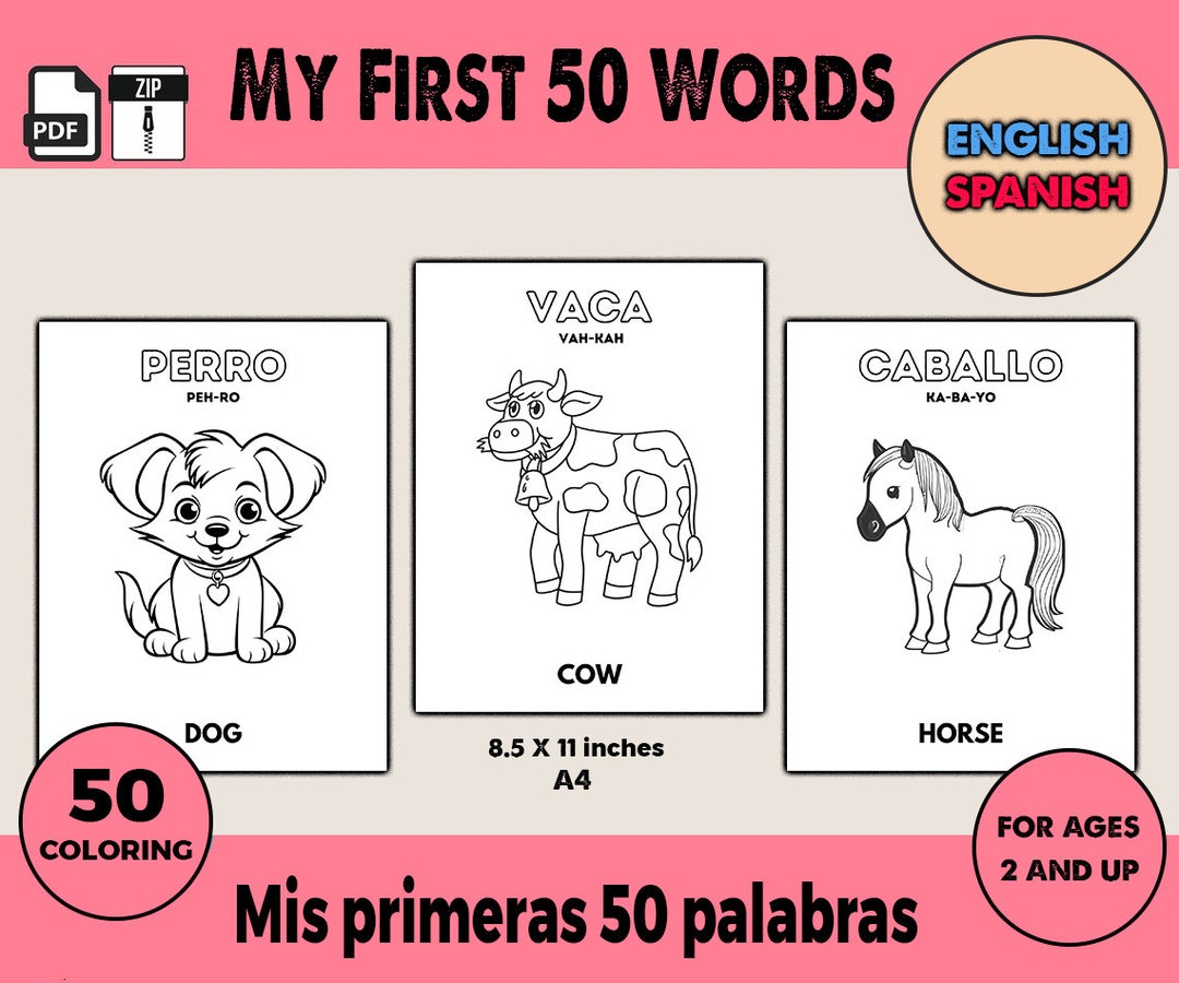 50 Learning Words English Spanish Animals , Easy and Simple Coloring ...