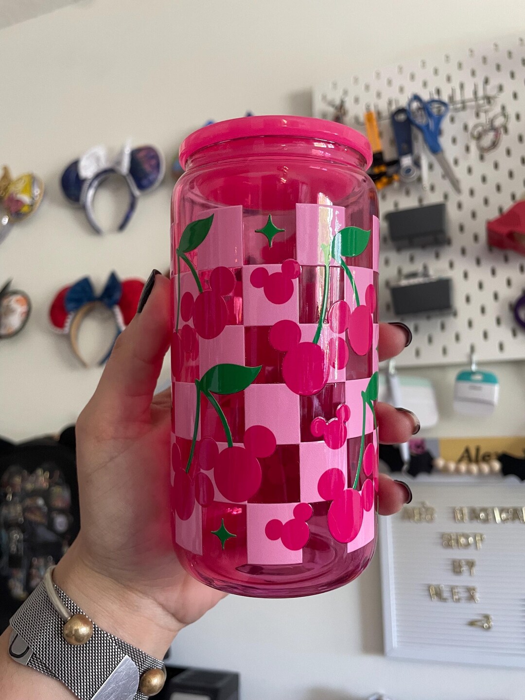 Checkered Cherry 16oz Hot Pink Clear Glass Can Cup - Etsy