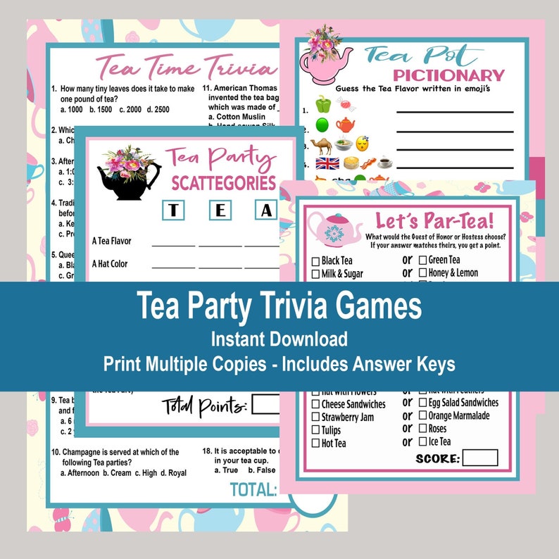 Tea Party Trivia Games, Bridal Shower Tea Games, Baby Shower Tea Party ...
