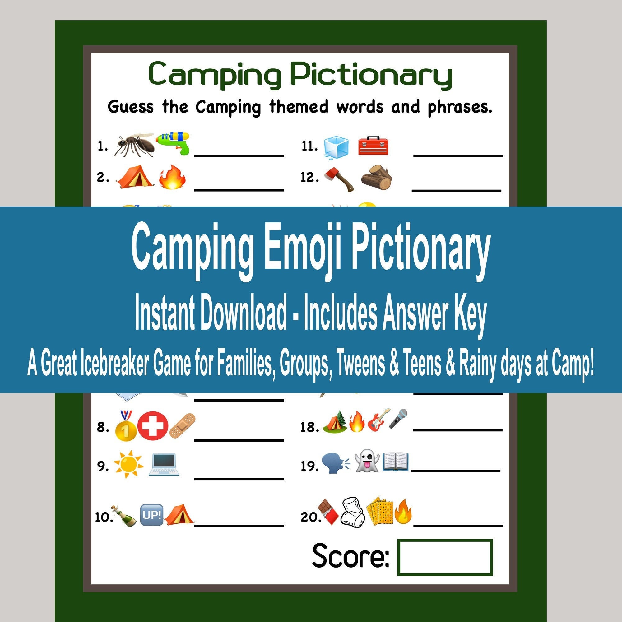Camping Emoji Game, Camp Pictionary, Icebreaker Game, Teen Family ...
