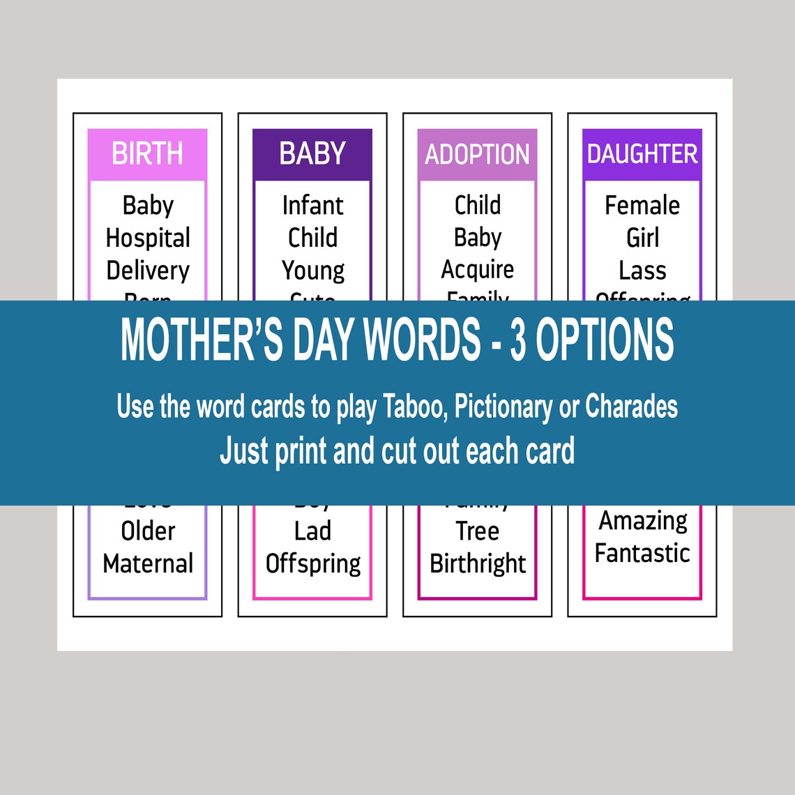 Mother's Day Taboo Game, Mother's Day Trivia, Mother's Day Pictionary ...