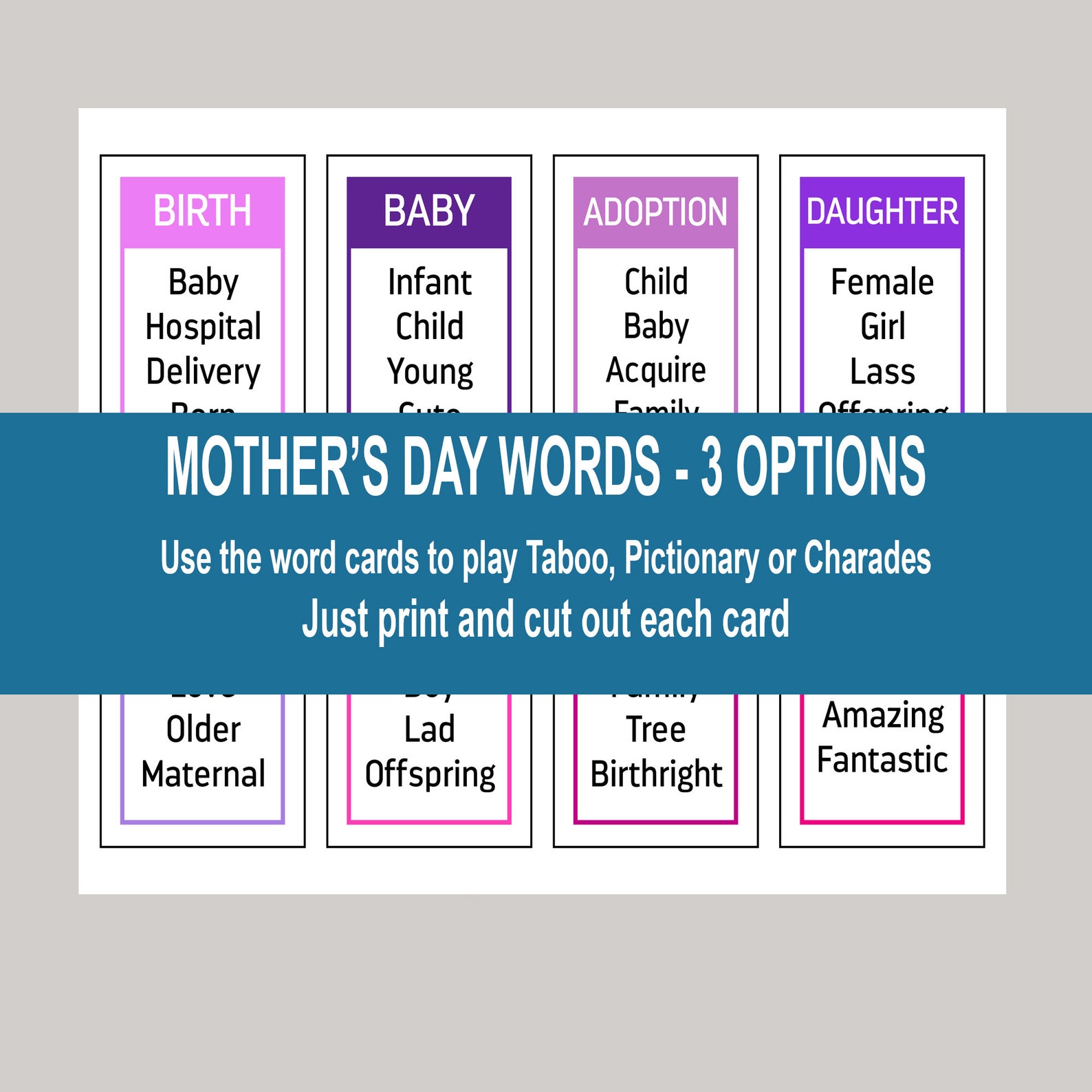 Mother's Day Taboo Game, Mother's Day Trivia, Mother's Day Pictionary ...