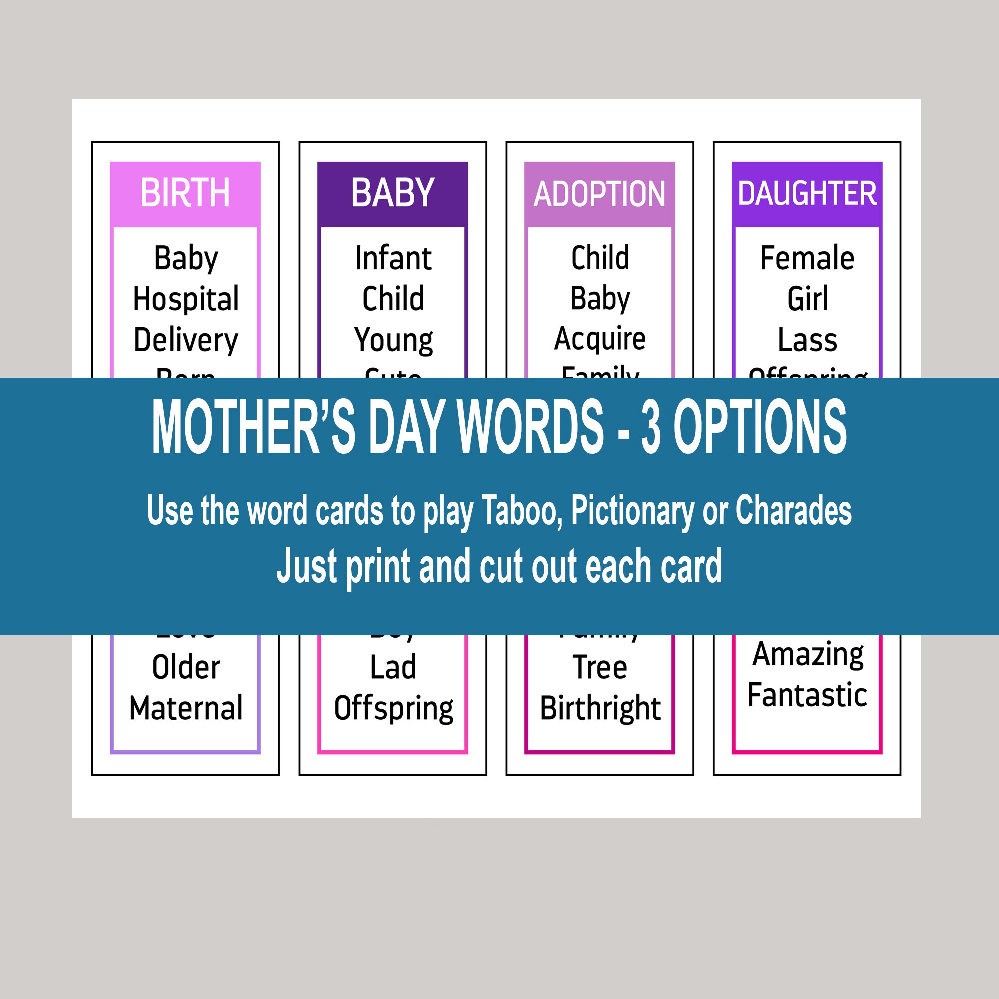 Mother's Day Taboo Game, Mother's Day Trivia, Mother's Day Pictionary ...