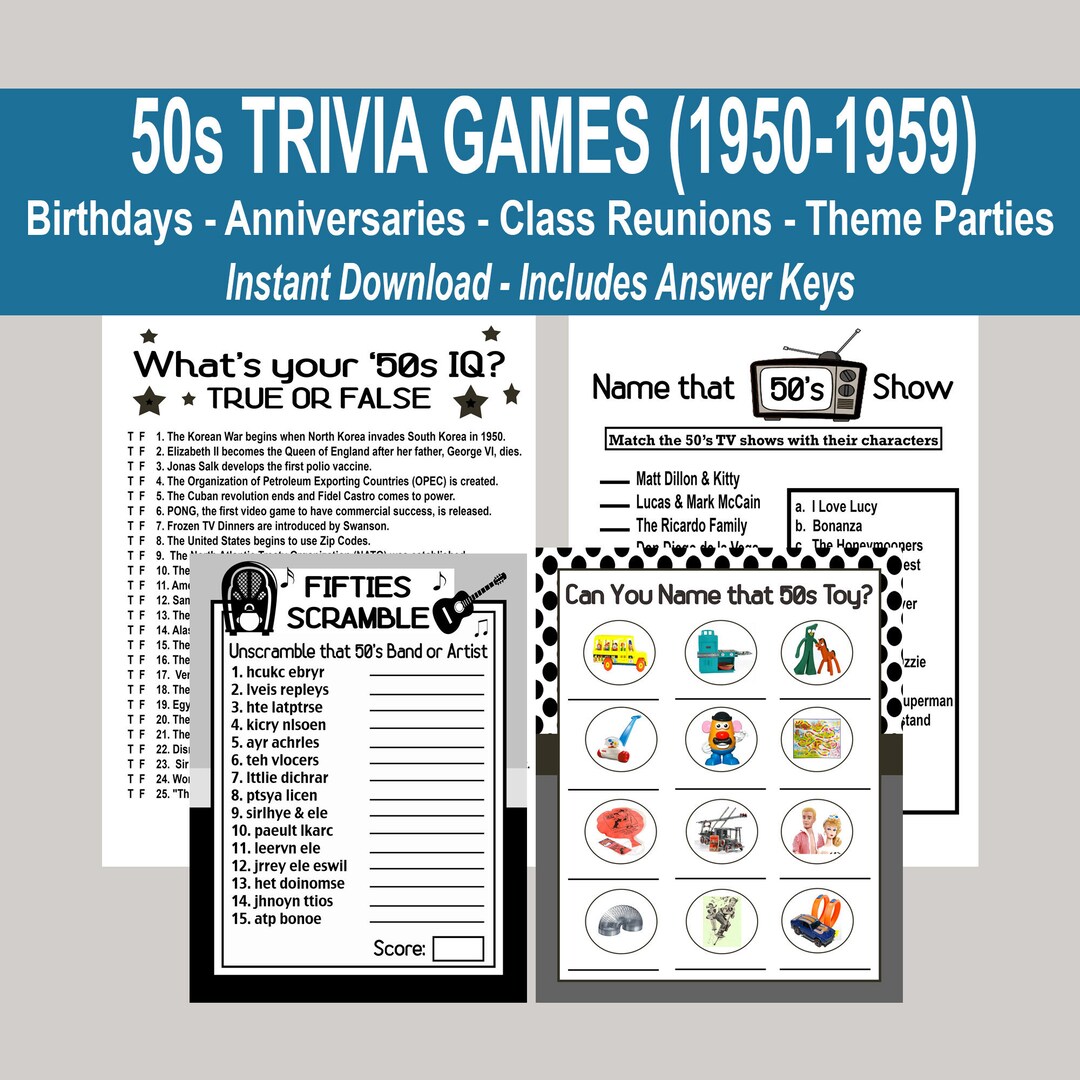50s Trivia Games, 1953 Anniversary Games, 1958 Birthday Games, 50s ...