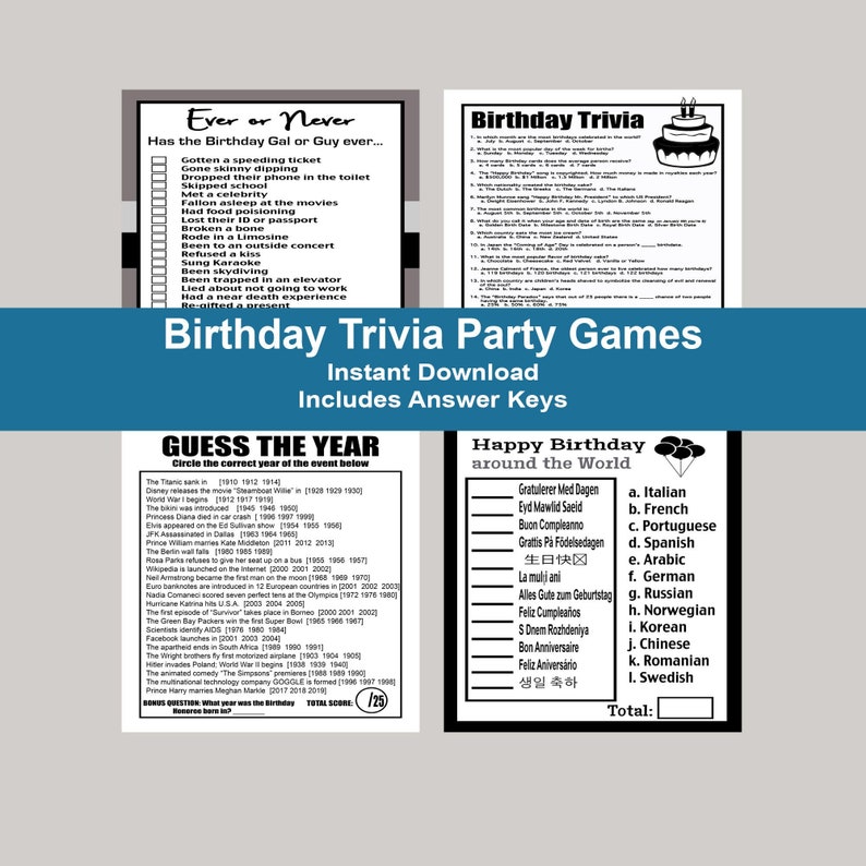Adult Birthday Trivia Games, Birthday Trivia Games, 45th, 50th, 65th ...