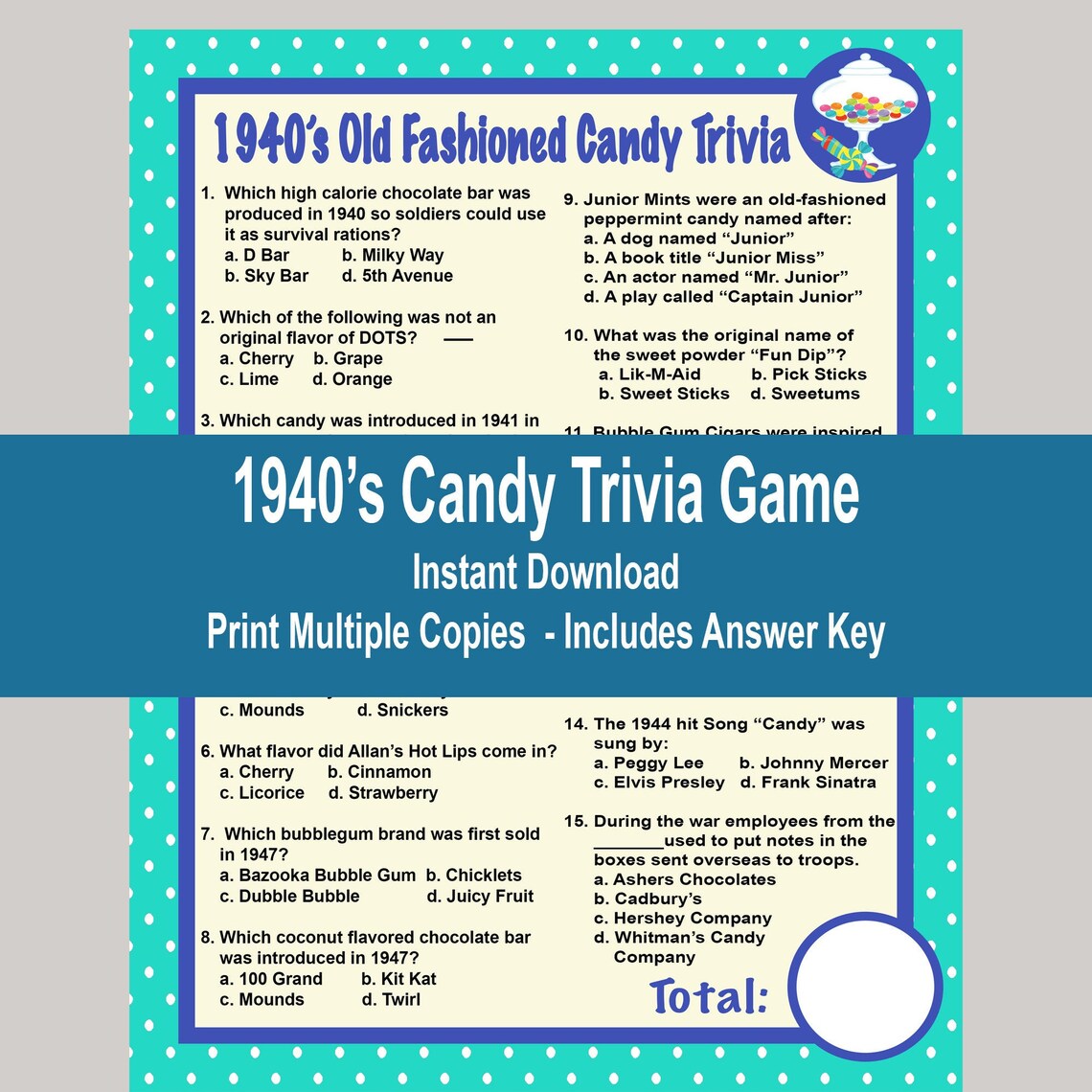 1940s Candy Trivia Game, 1941, 1943, 1947, 1948, 1949 Candy Quiz, Ice ...
