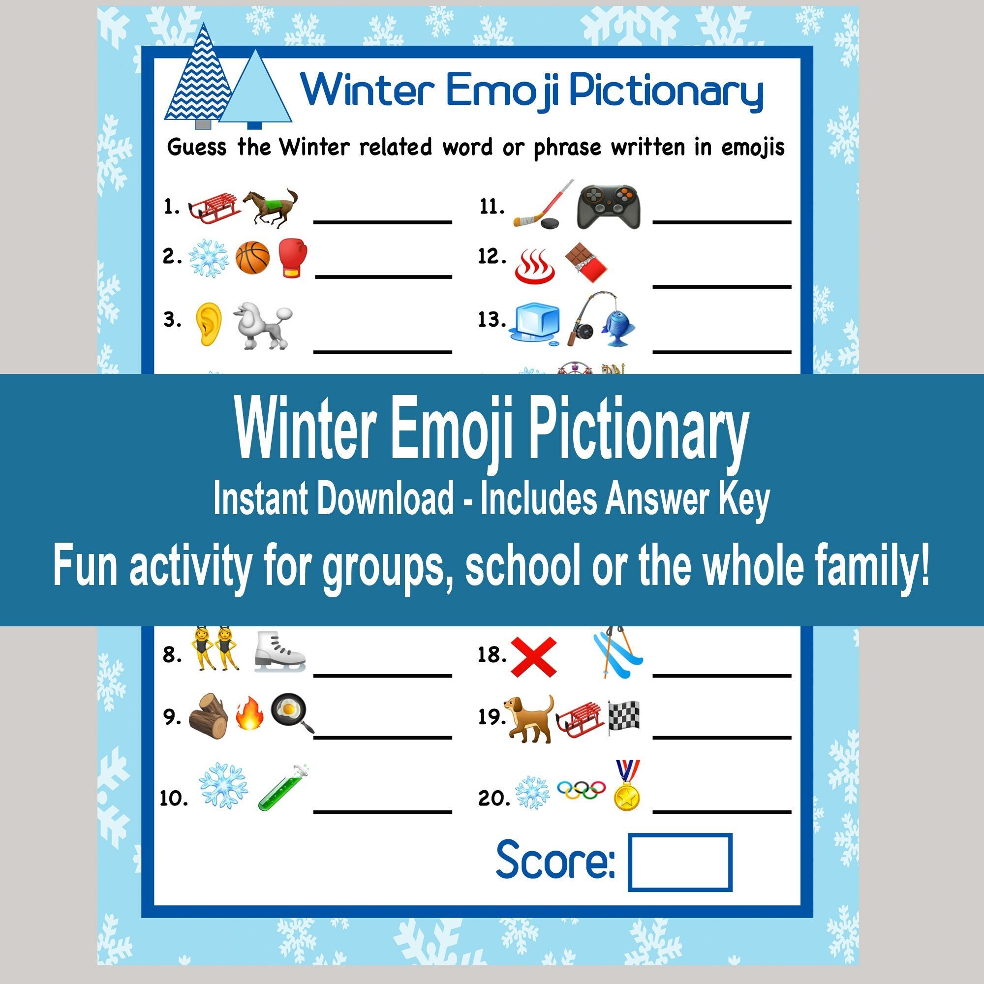 Winter Emoji Pictionary Game, Winter Printable Game, Winter School ...