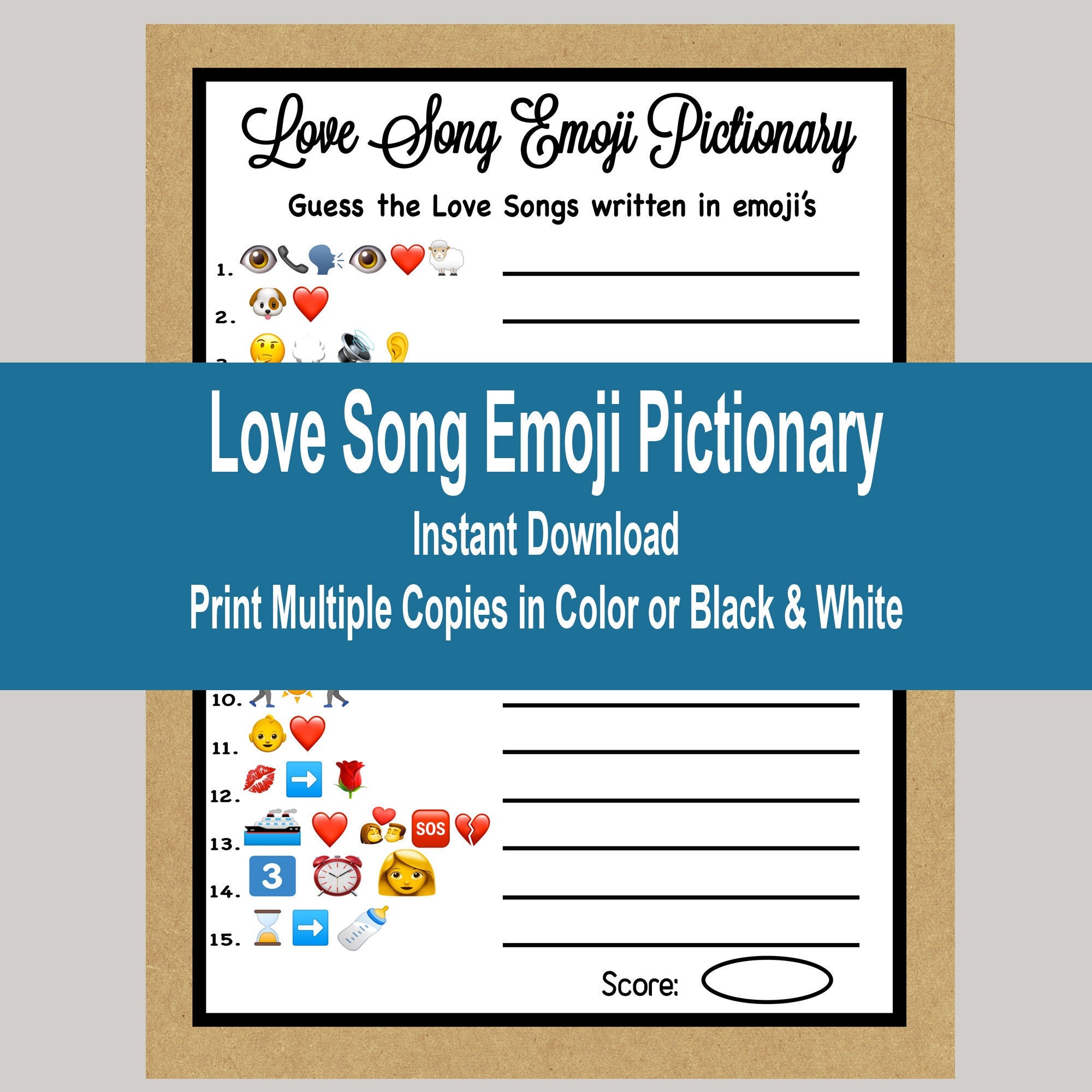 Love Song Emoji Pictionary Game, Emoji Bridal Shower Printable, Guess ...