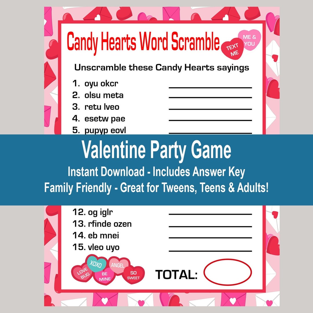 Valentine's Day Conversation Hearts Word Scramble Game, School ...