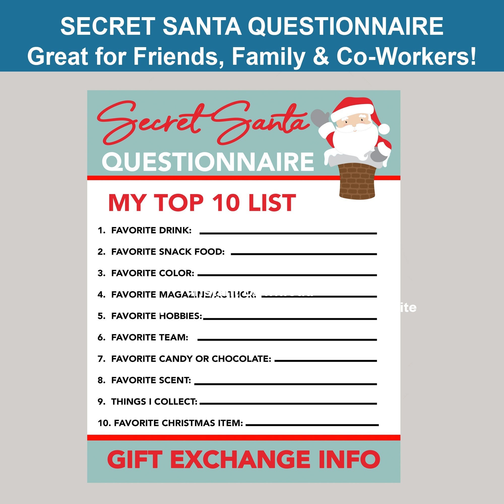 Secret Santa Questionnaire, Secret Santa Gift List for Friends, Family ...