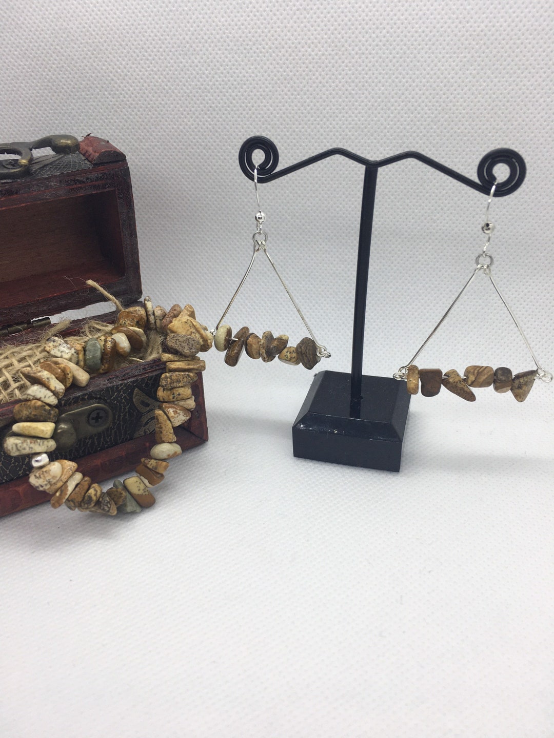 Picture Stone Chip Jewelry Set: Handmade Earrings and Bracelet - Etsy