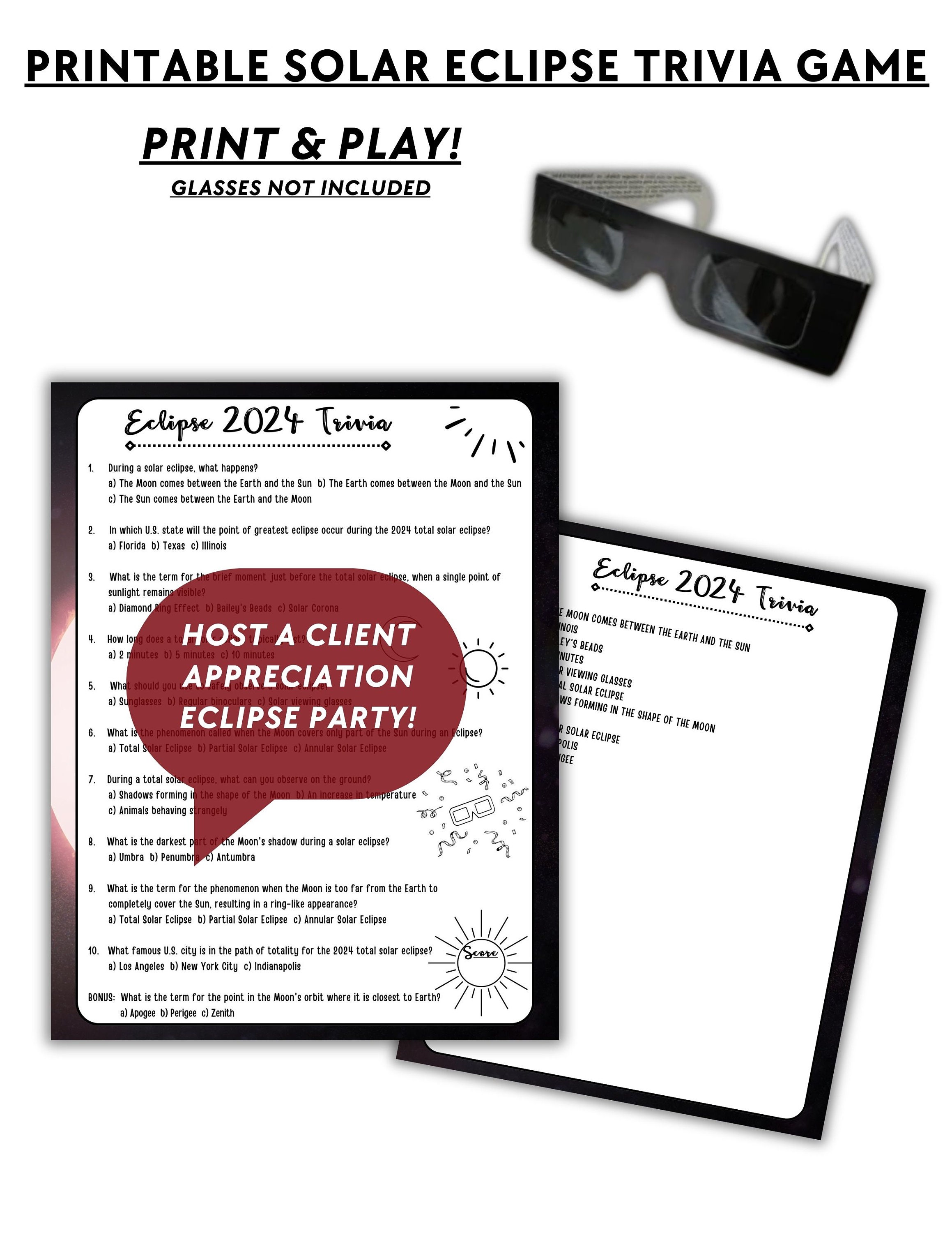 Solar Eclipse 2024 Trivia Game, Instant Download Print and Play, Real ...