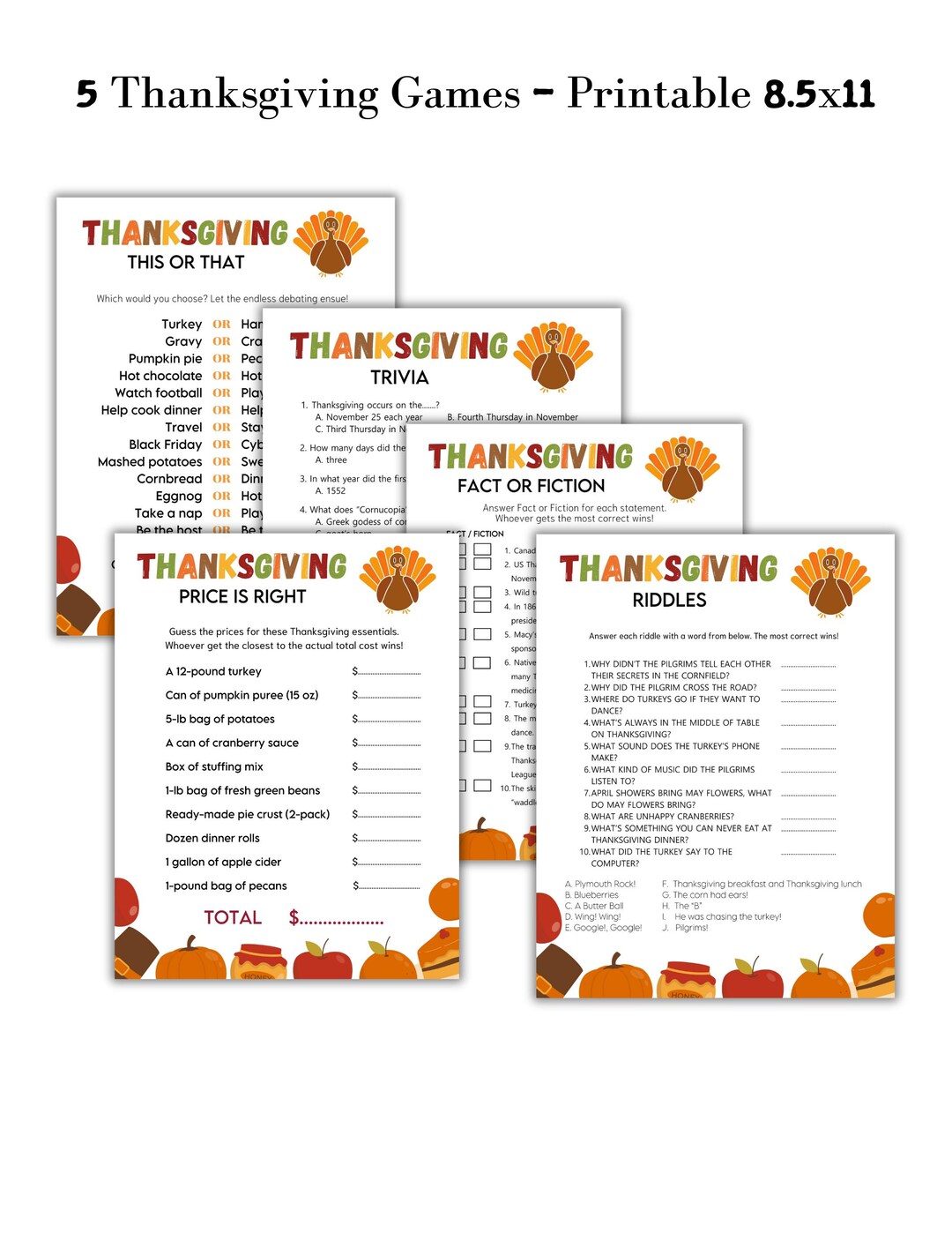 Printable Thanksgiving Themed Games, This or That, Trivia, Fact or ...