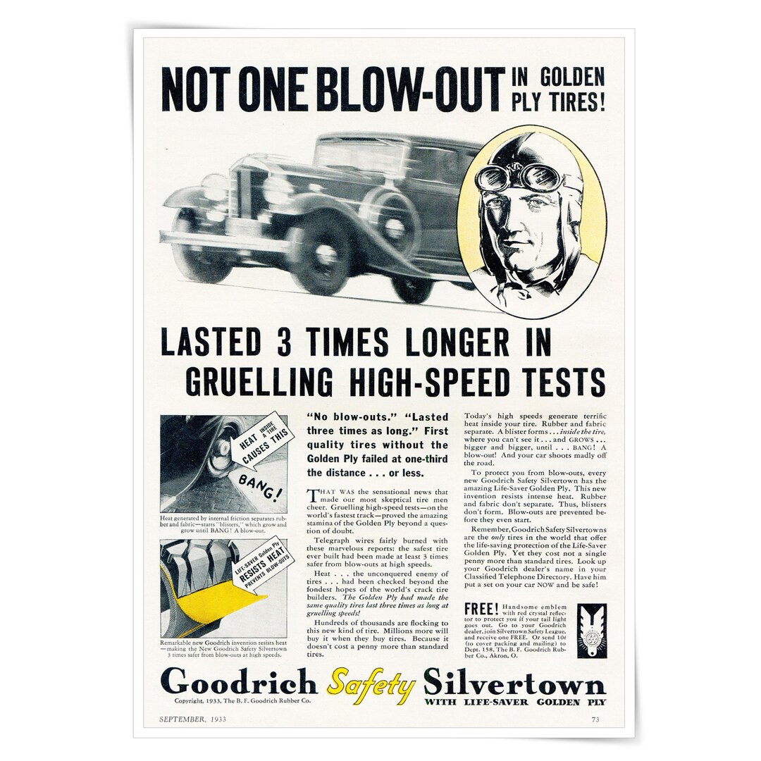 Original B.F. Goodrich Rubber Ad ~ Safety Silvertown Tires ~ Not One ...